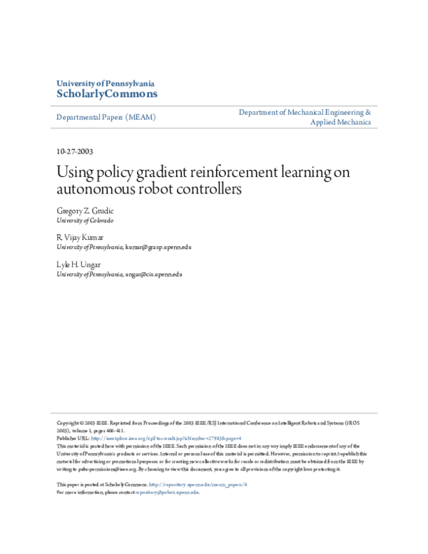 Pdf Using Policy Gradient Reinforcement Learning On Autonomous Robot Controllers