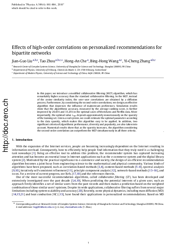 (PDF) Effects of high-order correlations on personalized recommendations for bipartite networks