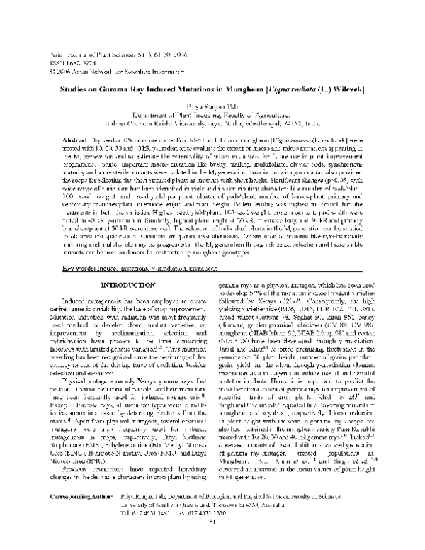 (PDF) Studies on Gamma Ray Induced Mutations in Mungbean [Vigna radiata (L.) Wilczek]