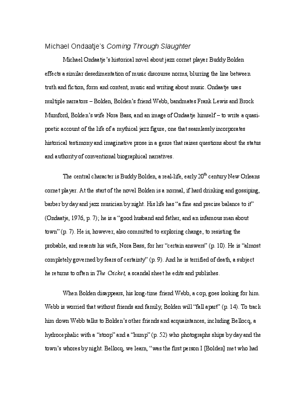 (PDF) Michael Ondaatje's 'Coming Through Slaughter' (excerpt from PhD ...