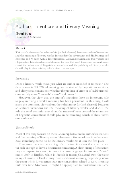 (PDF) Authors, Intentions and Literary Meaning