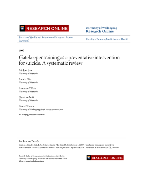(PDF) Gatekeeper training as a preventative intervention for suicide: A ...