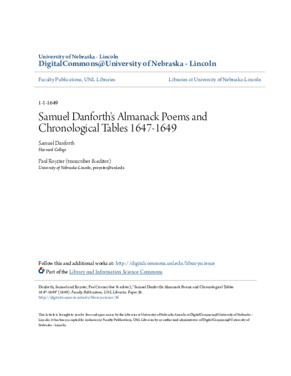 (PDF) Samuel Danforth's Almanack Poems and Chronological Tables 1647-1649