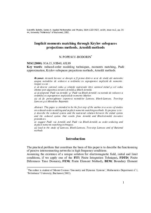 (PDF) Implicit moments matching through Krylov subspaces projections methods. Arnoldi methods