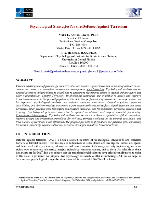 (PDF) Psychological strategies for the defence against terrorism