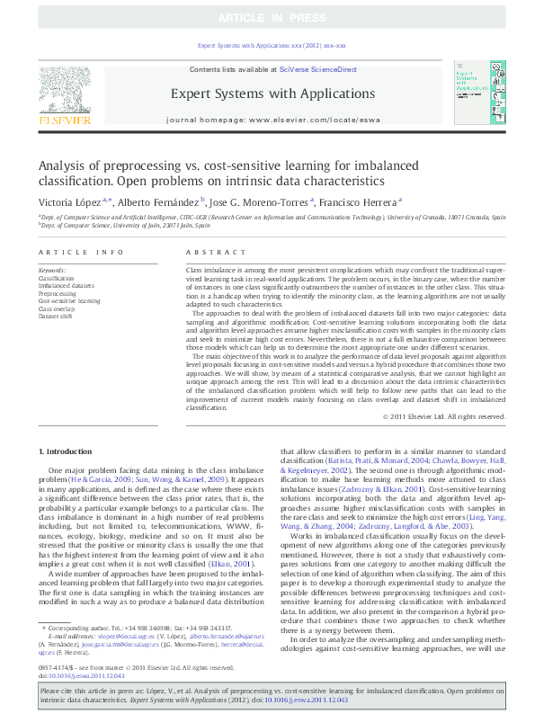 Pdf Analysis Of Preprocessing Vs Cost Sensitive Learning For Imbalanced Classification Open 