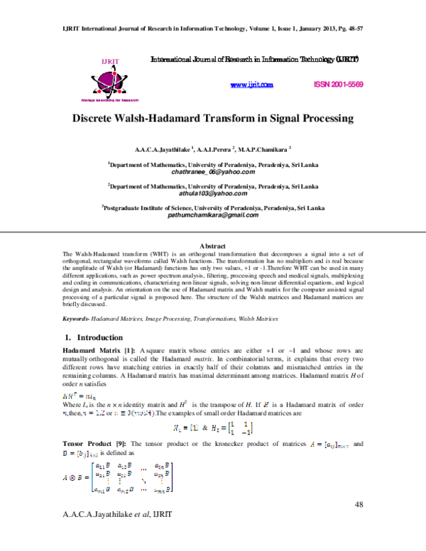(PDF) Discrete Walsh-Hadamard Transform in Signal Processing