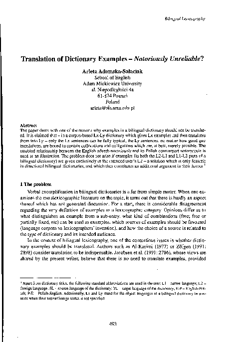 (PDF) Translation of examples in a bilingual dictionary - notoriously ...
