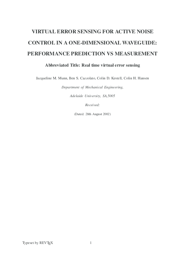 (PDF) VIRTUAL ERROR SENSING FOR ACTIVE NOISE CONTROL IN A ONE-DIMENSIONAL WAVEGUIDE: PERFORMANCE ...