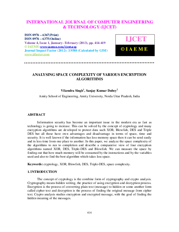(PDF) ANALYSING SPACE COMPLEXITY OF VARIOUS ENCRYPTION ALGORITHMS