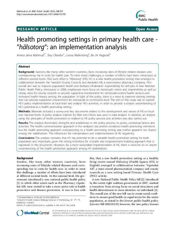 (PDF) Health promoting settings in primary health care