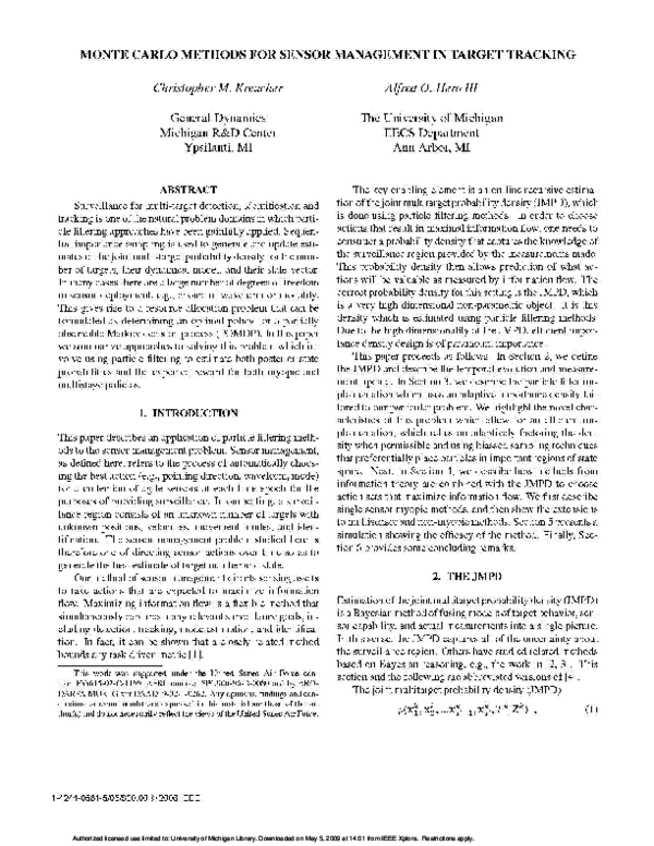 (PDF) Monte Carlo Methods for sensor management in target tracking