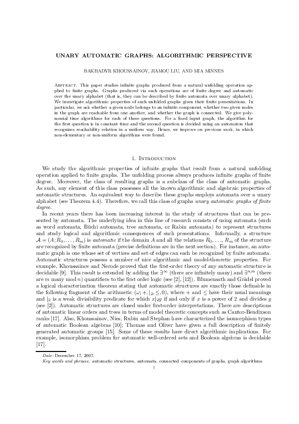 (PDF) Unary Automatic Graphs: An Algorithmic Perspective