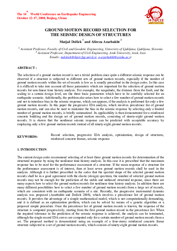 (PDF) GROUND MOTION RECORD SELECTION FOR THE SEISMIC DESIGN OF STRUCTURES