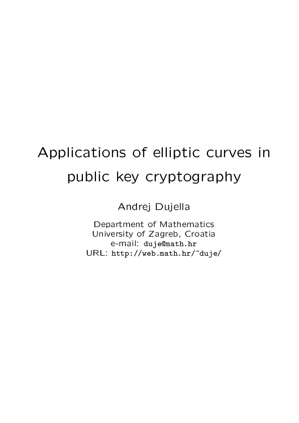 (PDF) Applications of elliptic curves in public key cryptography