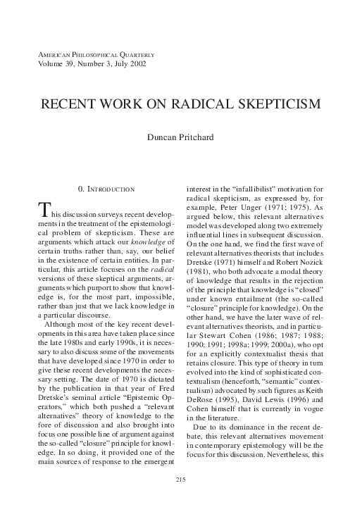 (PDF) RECENT WORK ON RADICAL SKEPTICISM