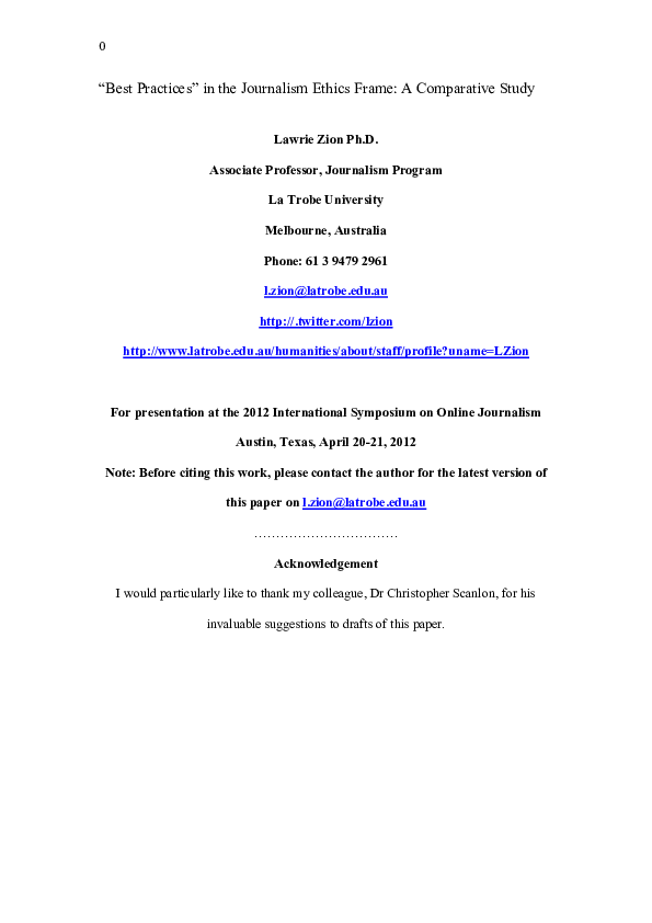 (PDF) Best Practices in the Journalism Ethics Frame A Comparative Study
