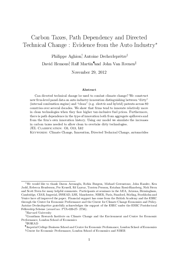 (PDF) Carbon Taxes, Path Dependency and Directed Technical Change ...