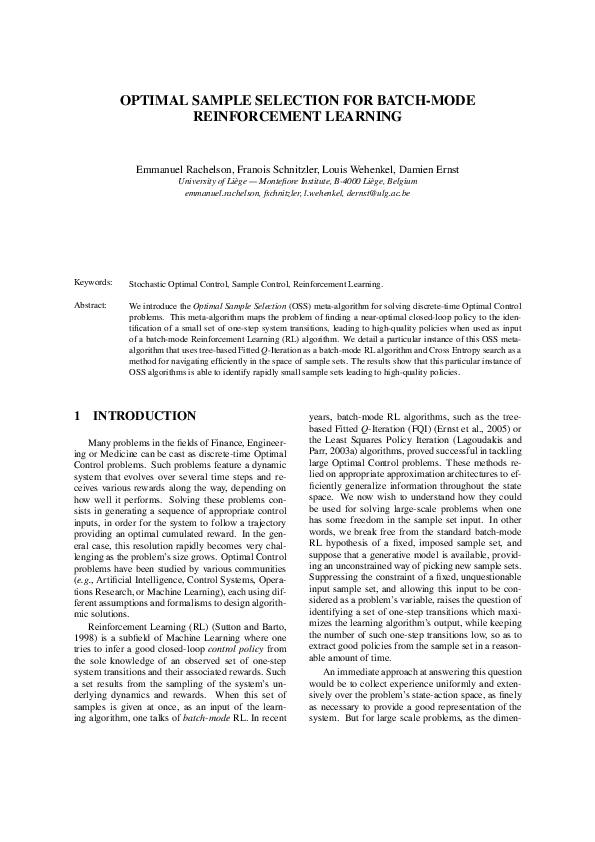 Pdf Optimal Sample Selection For Batch Mode Reinforcement Learning