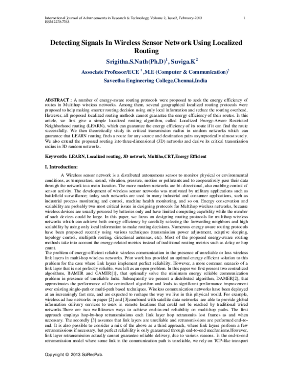 (PDF) Detecting Signals In Wireless Sensor Network Using Localized Routing