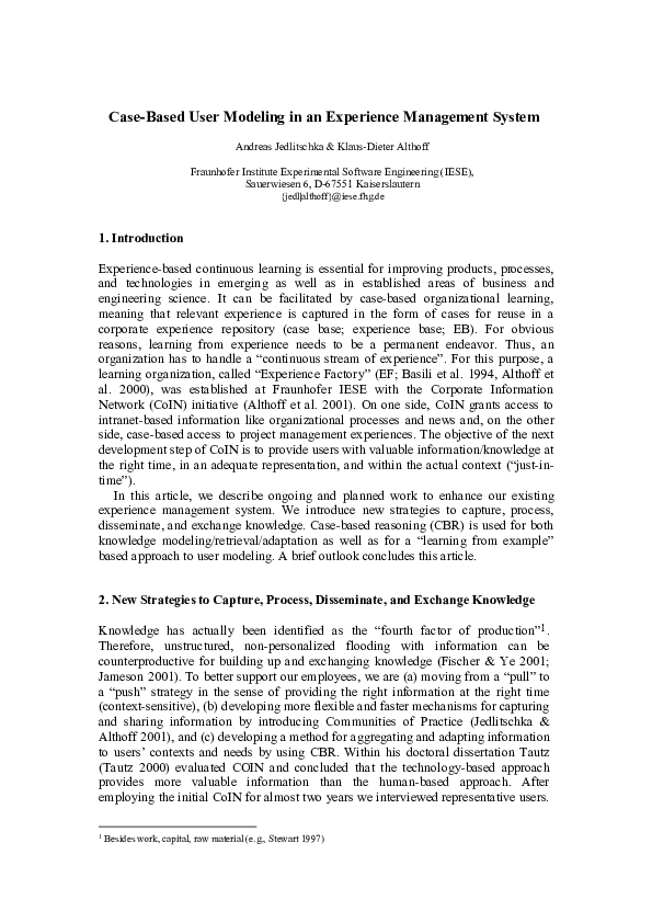 (PDF) Case-Based User Modeling in an Experience Management System