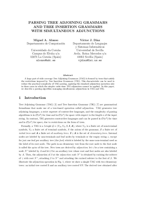 Pdf Parsing Tree Adjoining Grammars And Tree Insertion Grammars With Simultaneous Adjunctions