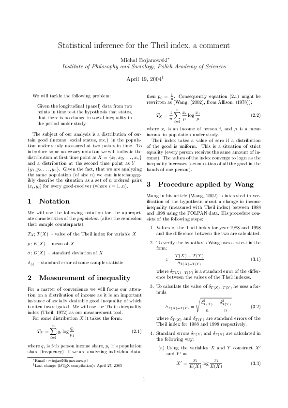 (PDF) Statistical inference for Theil inequality measure, a comment