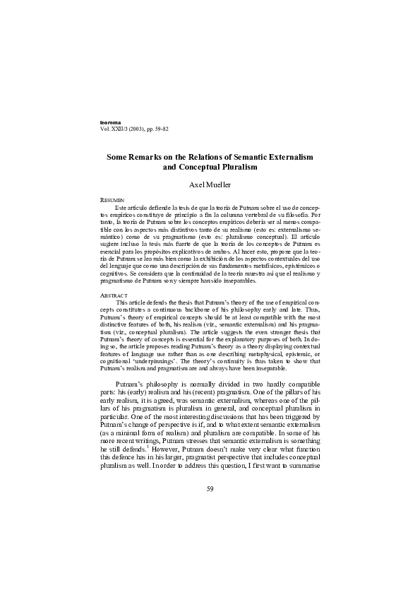 (PDF) Some remarks on Semantic Externalism and Conceptual Pluralism