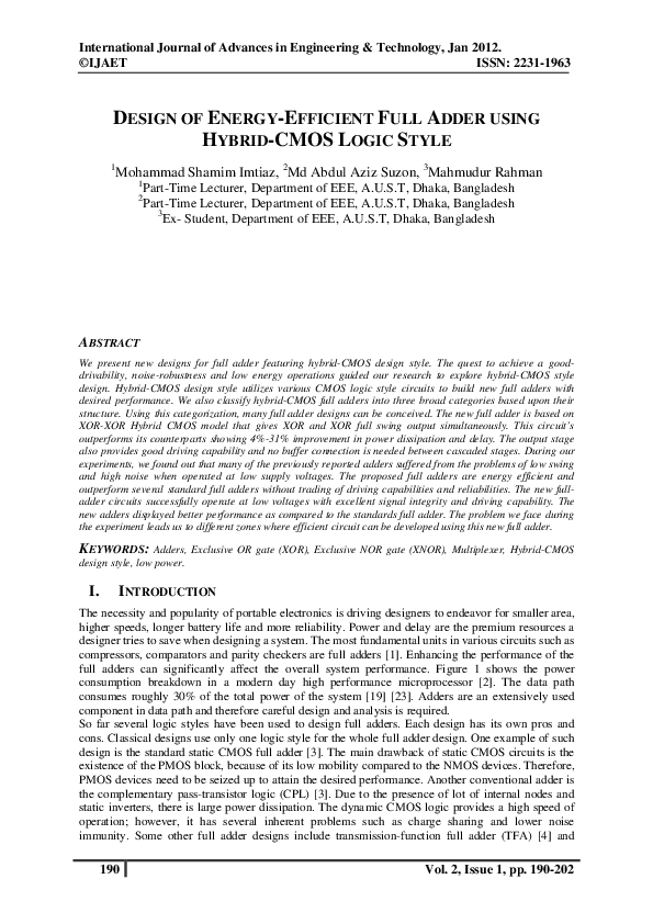 (PDF) Design of Energy-Efficient Full Adders Using Hybrid-CMOS Logic Style