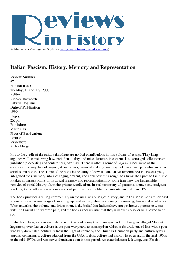 (PDF) Italian fascism: history, memory, and representation