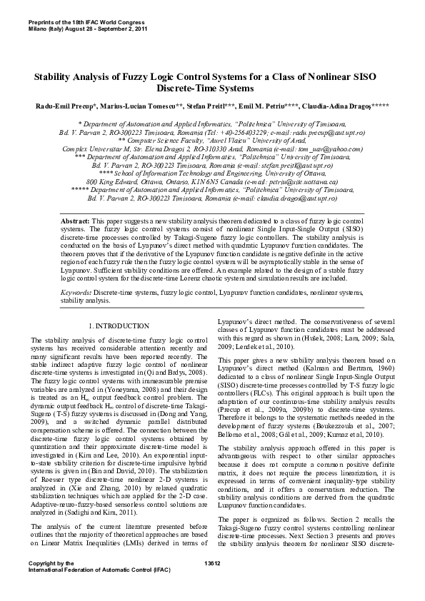 (PDF) Stability Analysis of Fuzzy Logic Control Systems for a Class of Nonlinear SISO Discrete ...