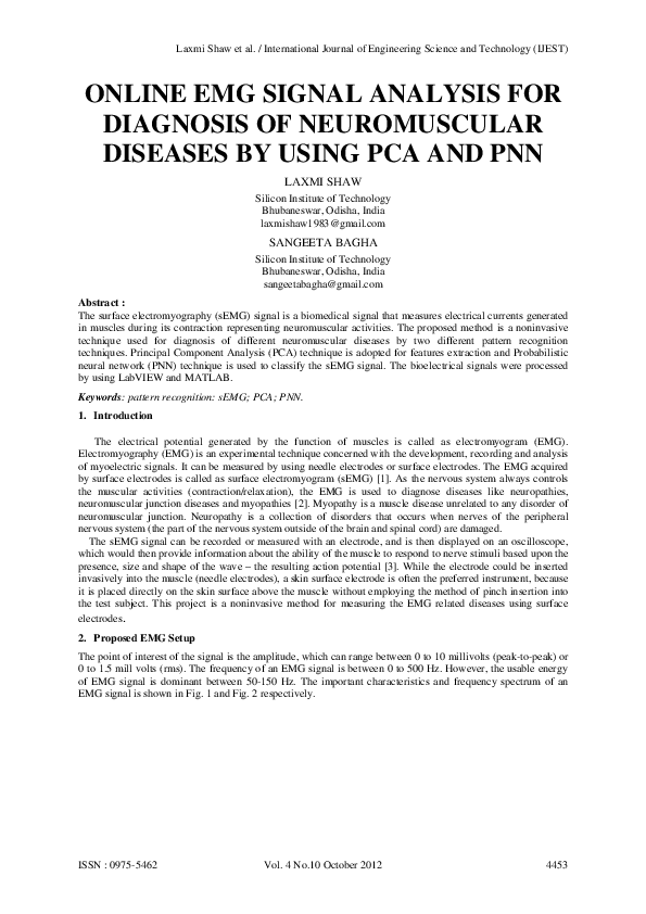 (PDF) ONLINE EMG SIGNAL ANALYSIS FOR DIAGNOSIS OF NEUROMUSCULAR ...