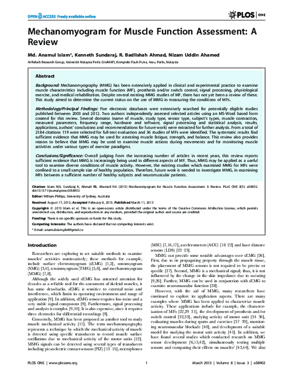 (PDF) Mechanomyogram for Muscle Function Assessment: A Review