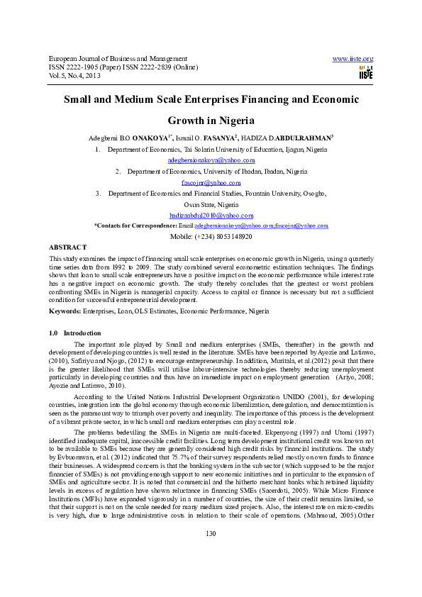 (PDF) Small and Medium Scale Enterprises Financing and Economic Growth in Nigeria