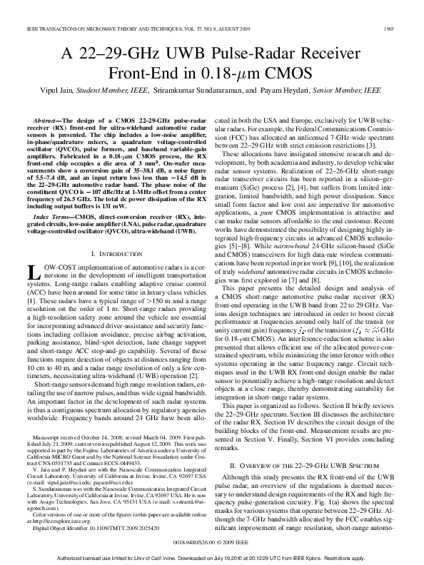 (PDF) A 2229-GHz UWB Pulse-Radar Receiver Front-End in 0.18-m CMOS