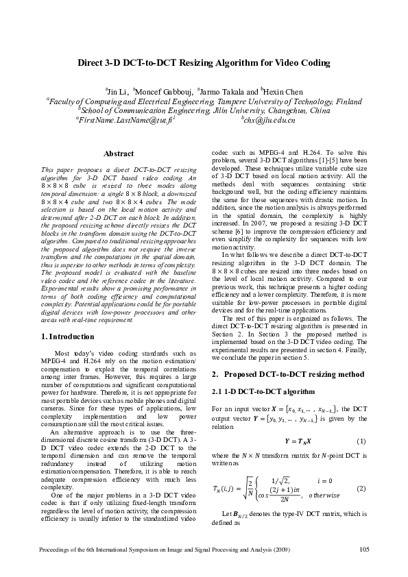 Pdf Direct 3 D Dct To Dct Resizing Algorithm For Video Coding