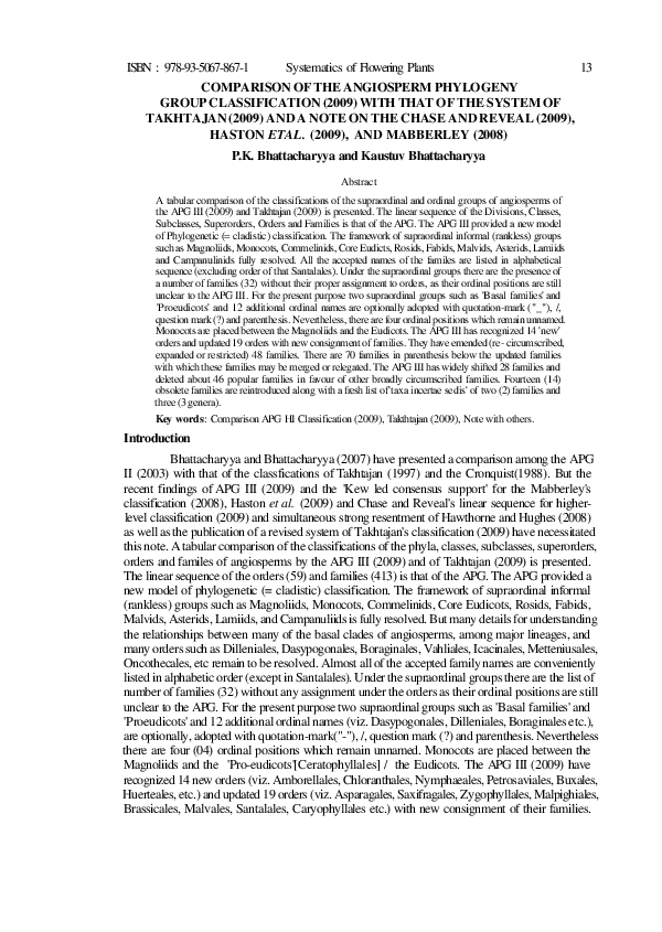 (PDF) COMPARISON OF THE ANGIOSPERM PHYLOGENY GROUP CLASSIFICATION (2009 ...