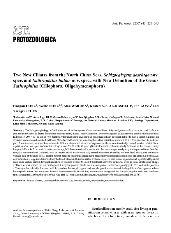 (PDF) Two new ciliates from the north China seas, Schizocalyptra ...