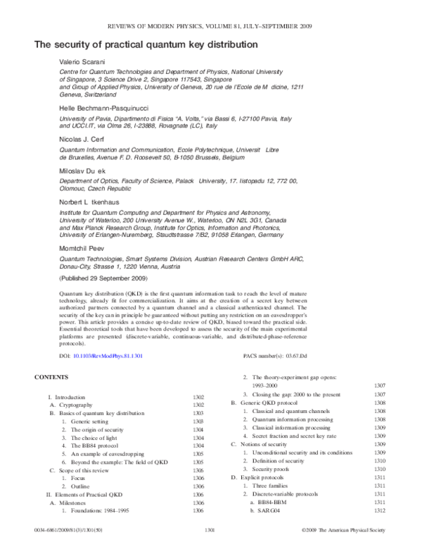 (PDF) The security of practical quantum key distribution