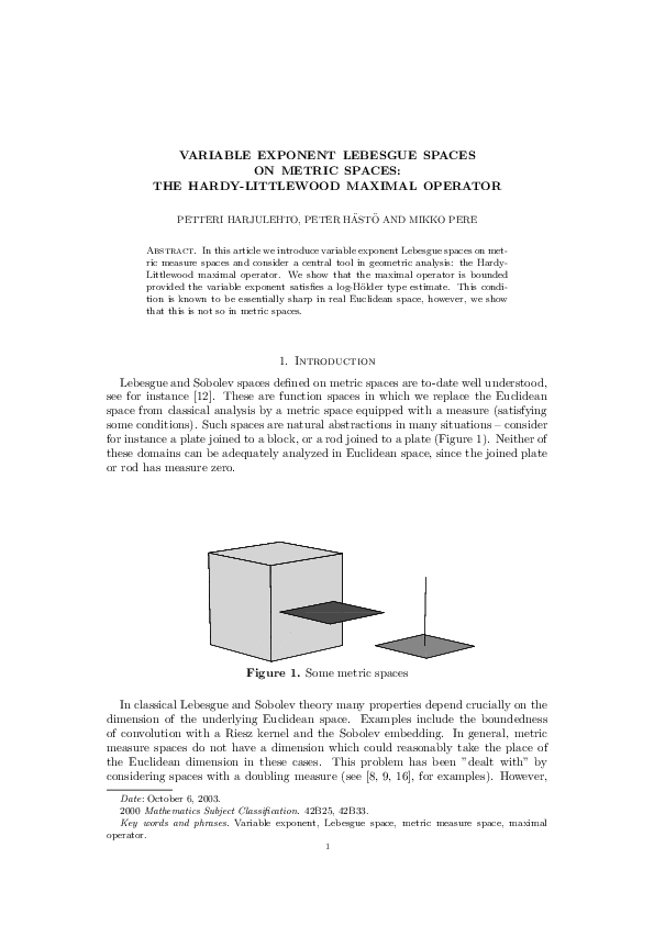 Pdf Variable Exponent Lebesgue Spaces On Metric Spaces The Hardy Littlewood Maximal Operator