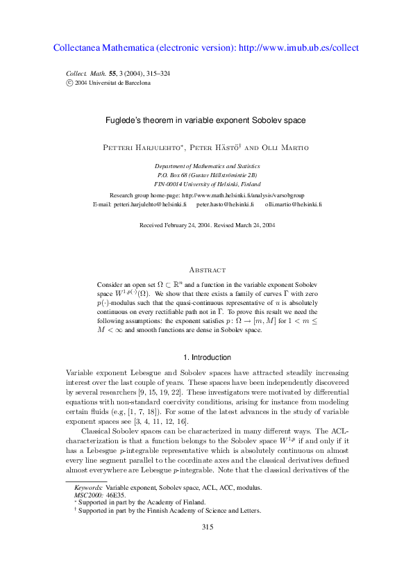 Pdf Fugledes Theorem In Variable Exponent Sobolev Space