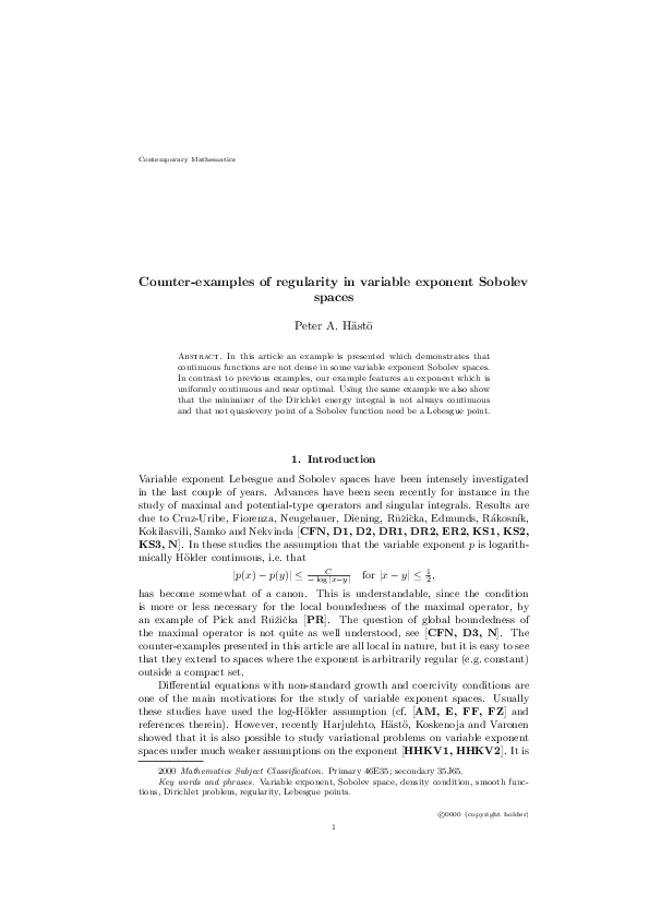 Pdf Counter Examples Of Regularity In Variable Exponent Sobolev Spaces