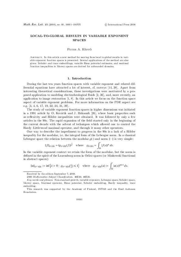 Pdf Local To Global Results In Variable Exponent Spaces
