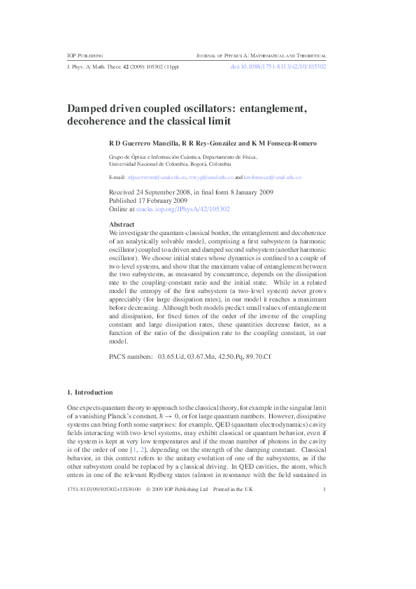(PDF) Damped driven coupled Oscillators: entanglement, decoherence and the classical limit