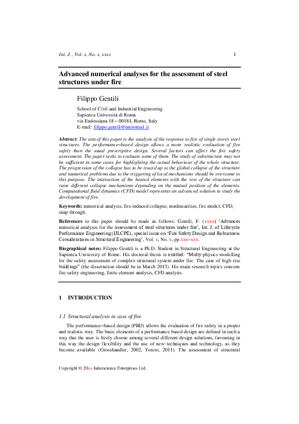 Pdf Advanced Numerical Analyses For The Assessment Of Steel Structures Under Fire