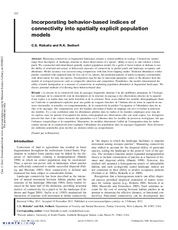 Pdf Incorporating Behavior Based Indices Of Connectivity Into Spatially Explicit Population