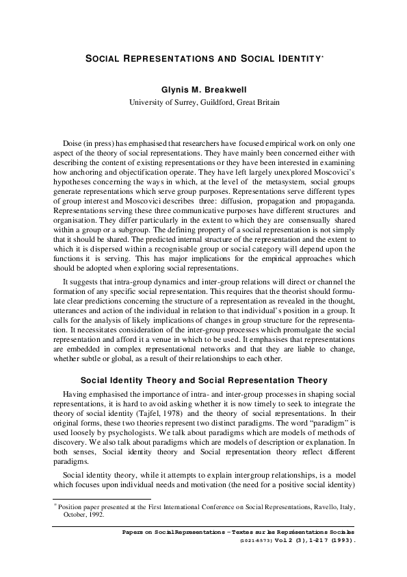 (PDF) SOCIAL REPRESENTATIONS AND SOCIAL IDENTITY