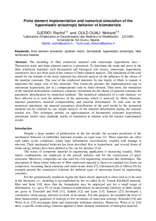 Pdf Finite Element Implementation And Numerical Simulation Of The Hyperelastic Anisotropic