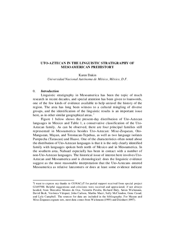 (PDF) Uto-Aztecan in the linguistic stratigraphy of Mesoamerican prehistory