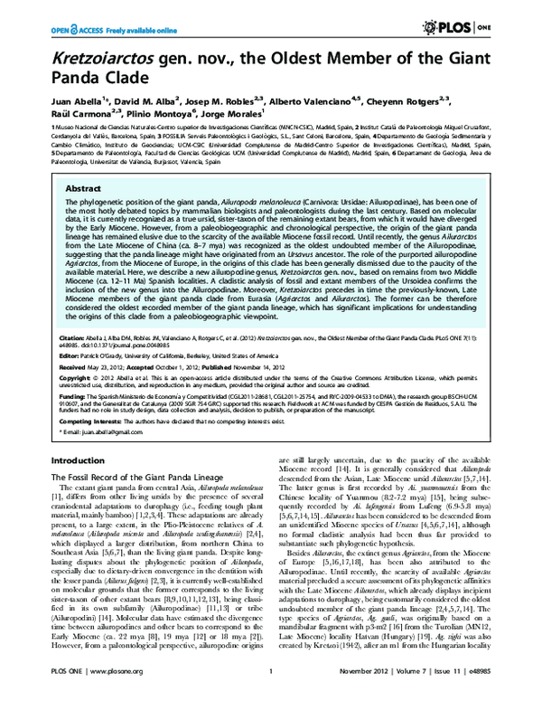 (PDF) Kretzoiarctos gen. nov., the Oldest Member of the Giant Panda Clade